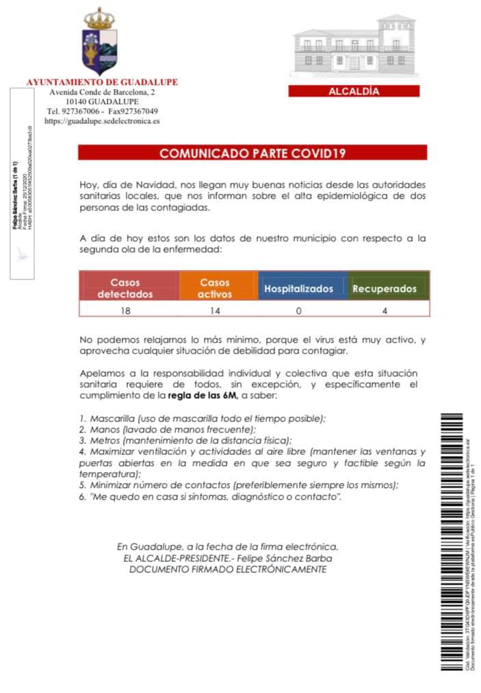 Noticia: 2 nuevas altas de COVID-19 (diciembre 2020) - Guadalupe (Cáceres)